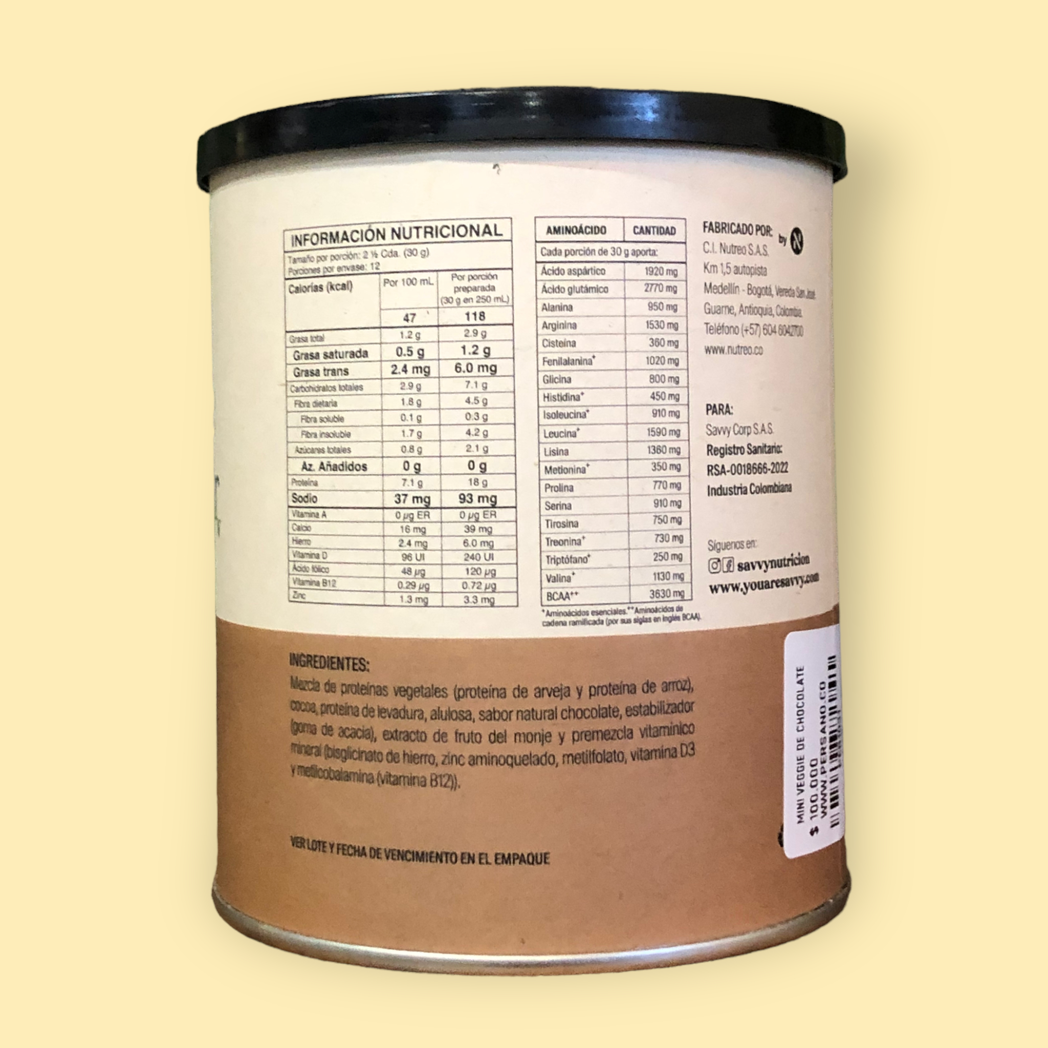 Savvy Proteina Mini Veggie Powder Chocolate x 360g - Compra en Persano.co